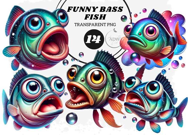 Funny Bass Watercolor Clipart: Laughing Fish PNG Set (digital Download ...