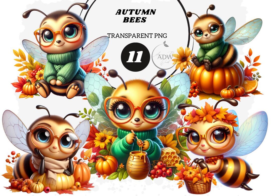 Autumn Bees Clipart PNG: Cozy Fall Honey Bee Graphics (digital Download ...