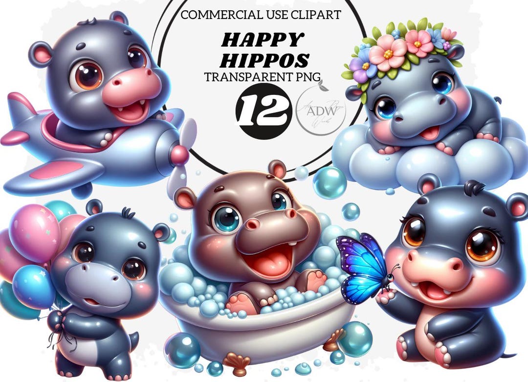 Watercolor Baby Hippo Clipart: Safari Animals, Baby Shower (PNG) - Etsy