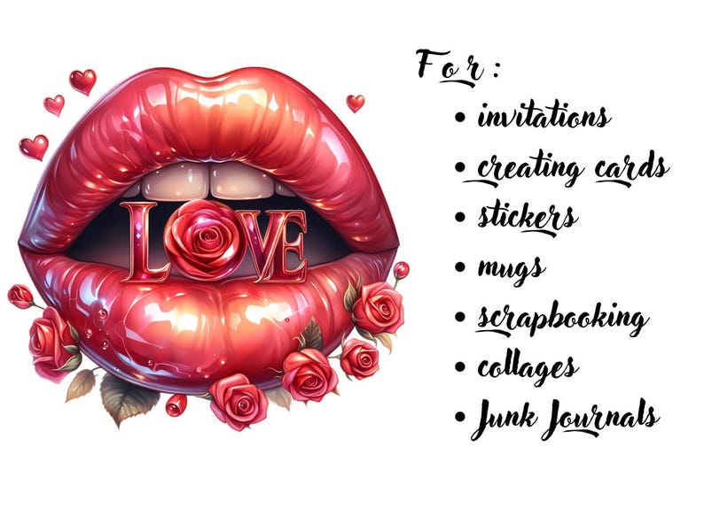 Valentine Lips Clipart Set: Romantic Roses, Love Designs (PNG, Digital ...