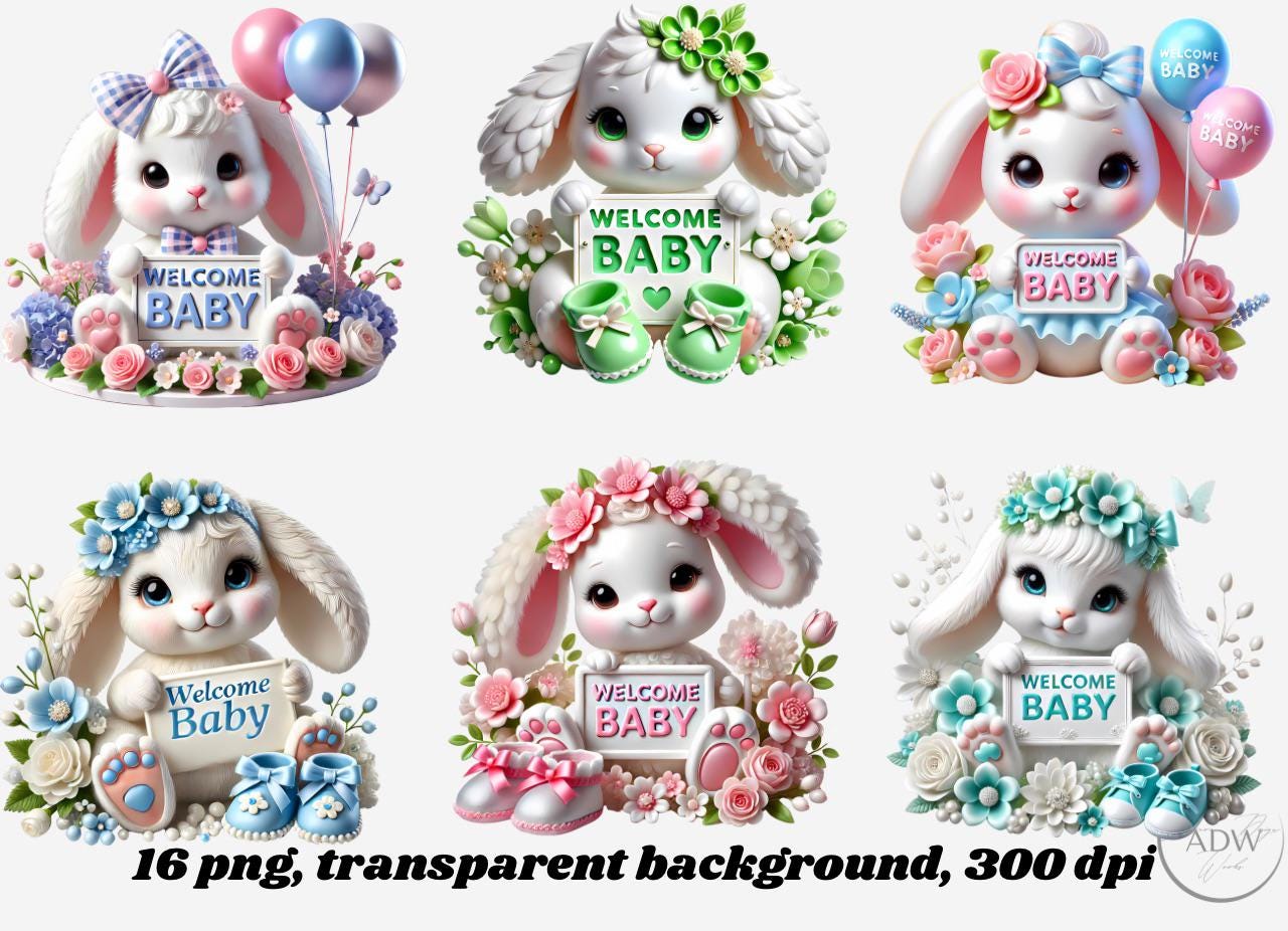 Welcome Baby Bunny Clipart 16 PNG, Adorable Illustrations of Plush ...