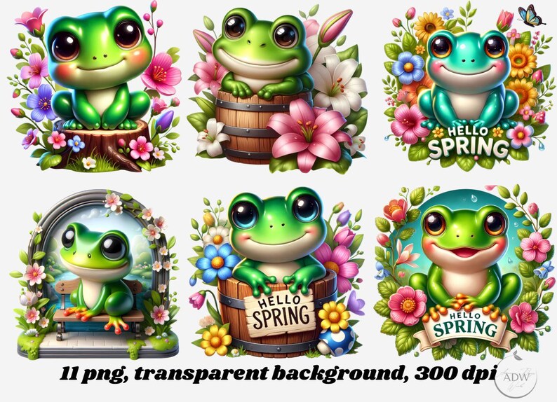 Spring Frog Clipart Set, Floral PNG Images (11 Files) (digital Download ...