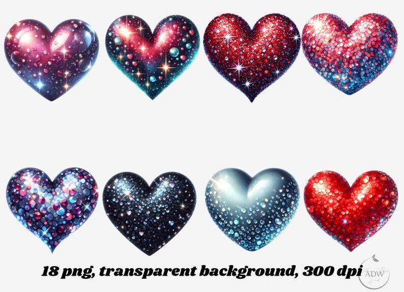 Glitter Hearts Clipart Set - Clip Art Set of Rainbow Hearts, Glitter ...