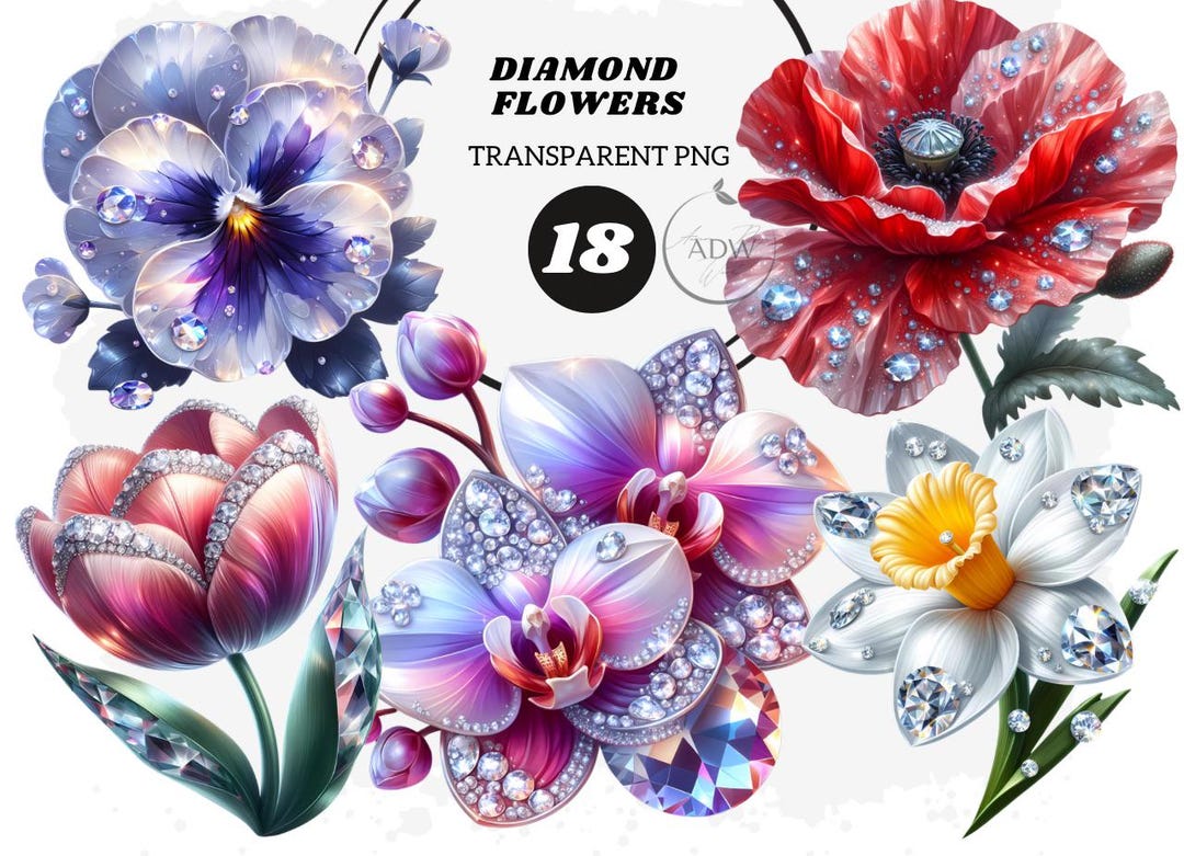 Diamond Flowers Clipart: Floral PNG Illustrations (commercial Use) - Etsy