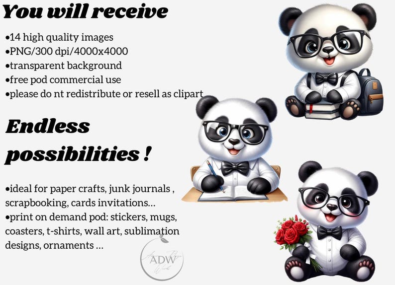 School Panda Clipart | Cute Panda Back to School PNG | Kawaii Animal Teacher Student Graphics ...
