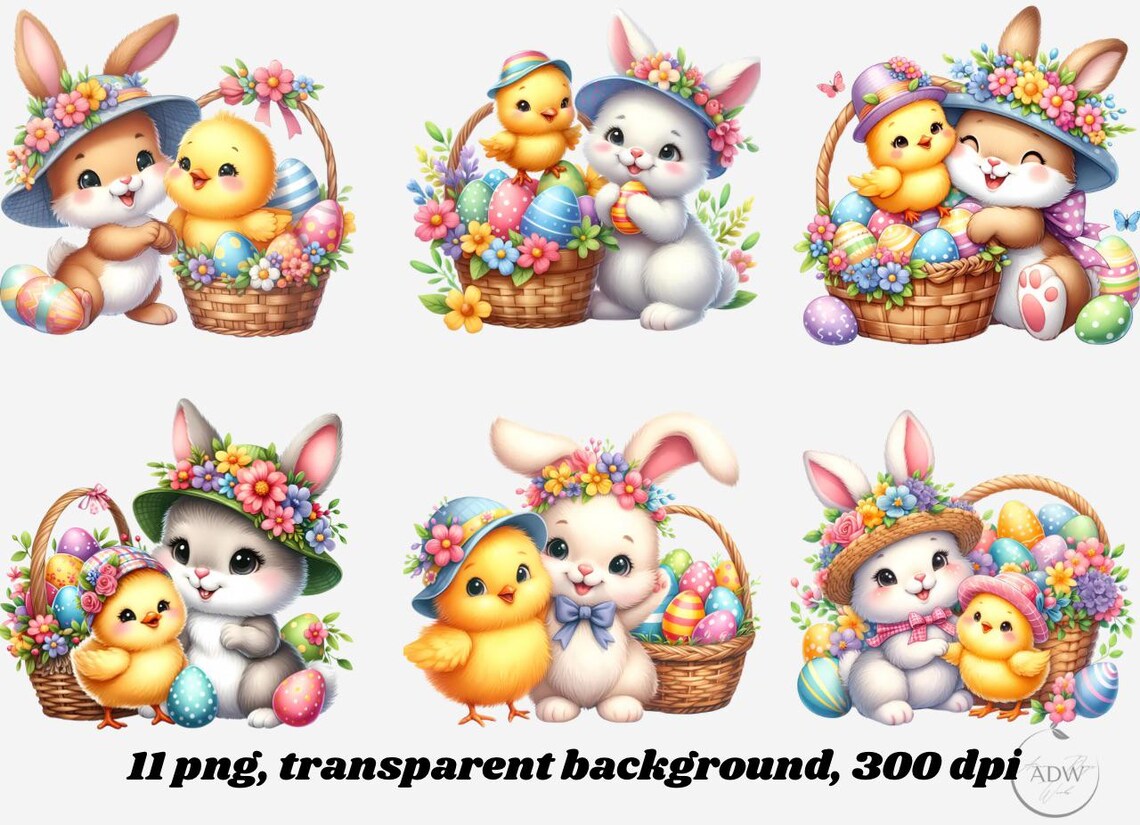Easter Bunny and Chick Clipart, Spring Easter PNG - Etsy