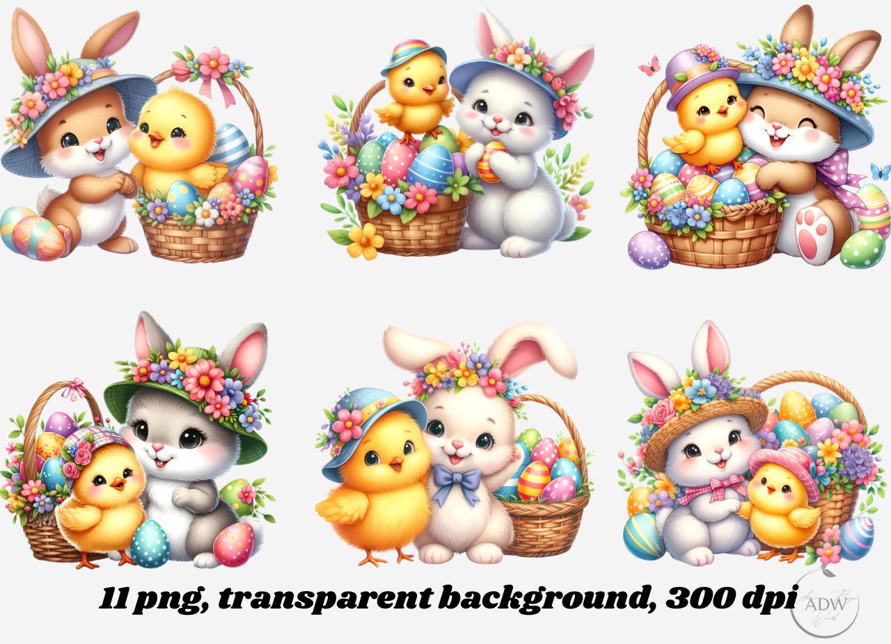 Easter Bunny and Chick Clipart, Spring Easter PNG - Etsy