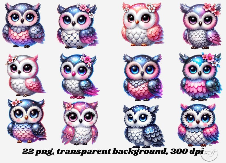 22 PNG, Owl Clipart Bundle, Sparkling Owl Sublimation Clipart, Colourful Owls, Owl Artwork, Owl ...