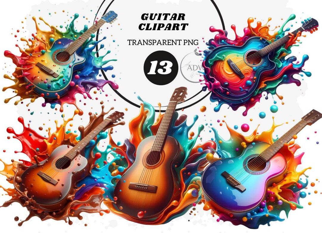 Watercolor Guitar Clipart: Rainbow Splatter Musical Instruments (PNG ...