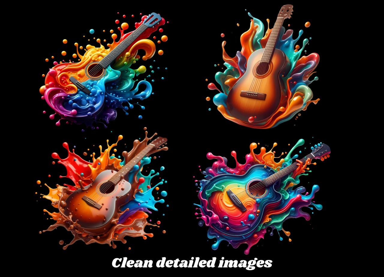 Watercolor Guitar Clipart: Rainbow Splatter Musical Instruments (PNG ...