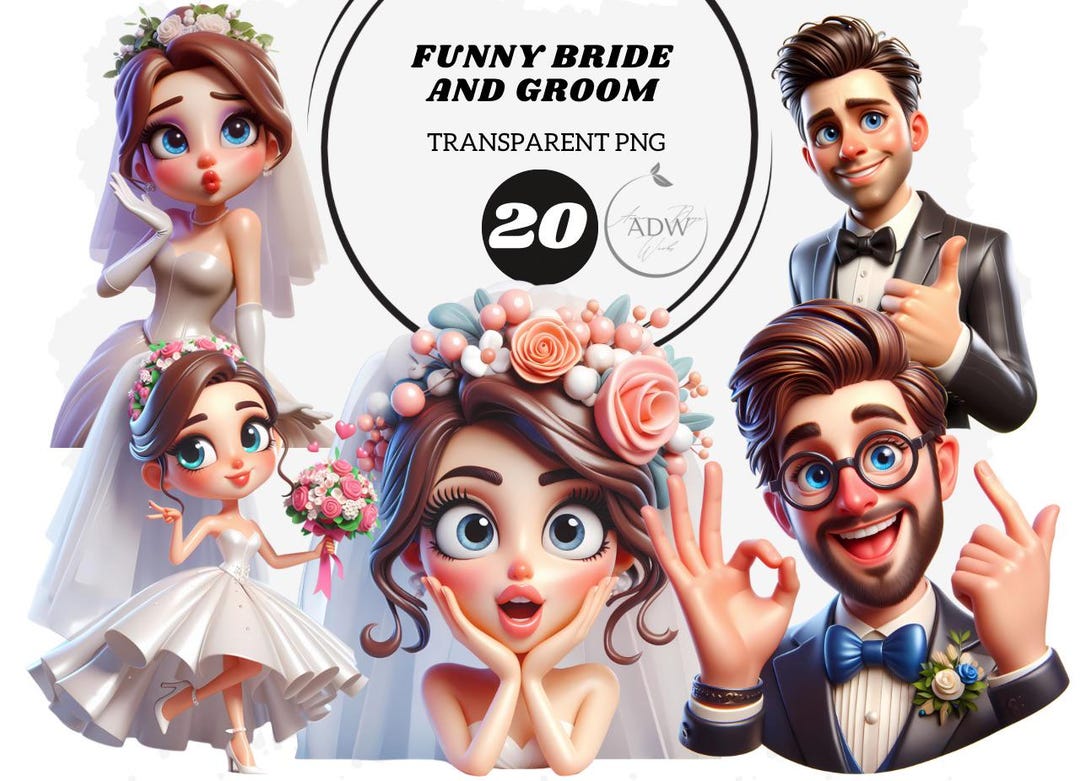 Funny Bride and Groom Clipart: High-resolution Wedding PNG (digital ...