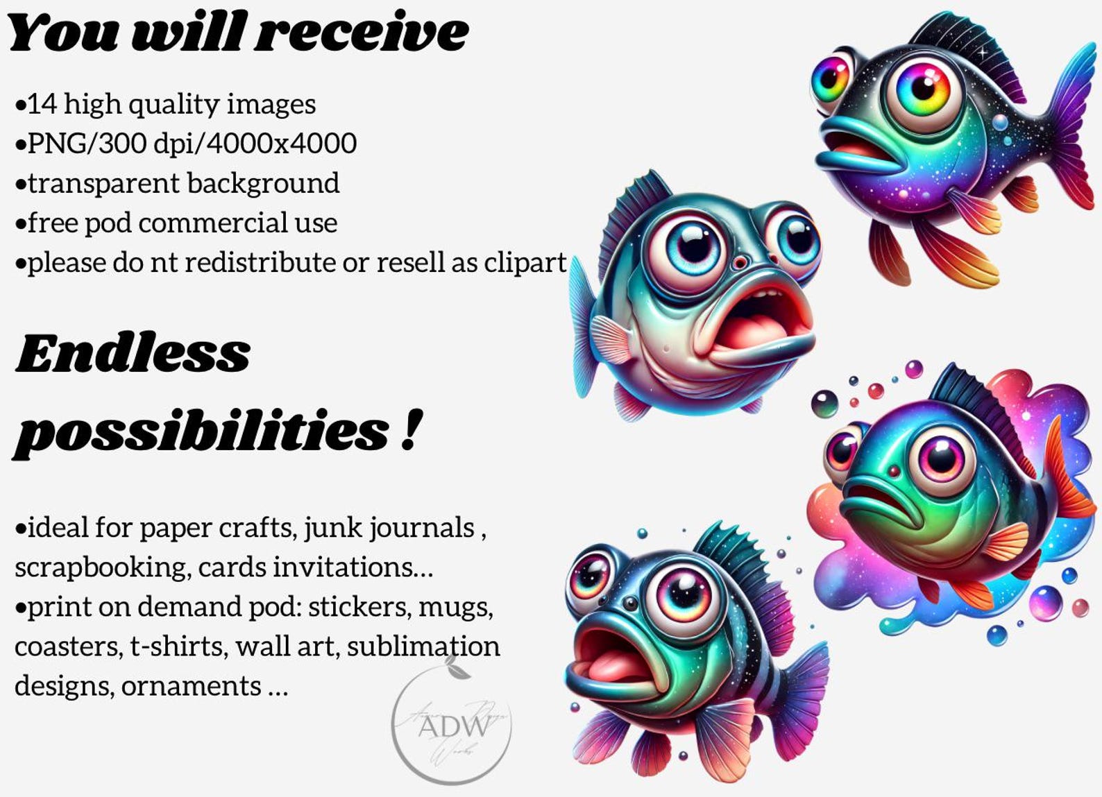 Funny Bass Watercolor Clipart: Laughing Fish PNG Set (digital Download ...