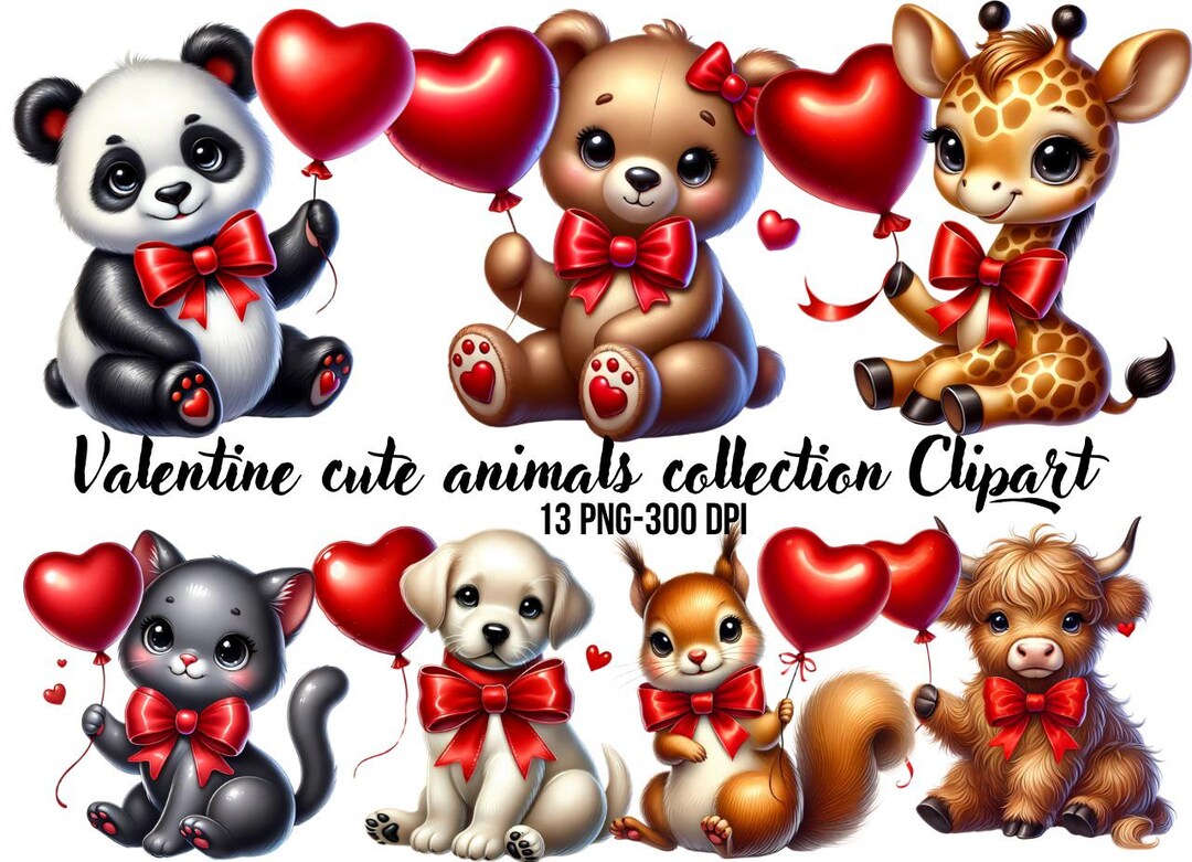Valentine Cute Animals Clipart Set, 13 Valentines Day PNG, Valentine ...