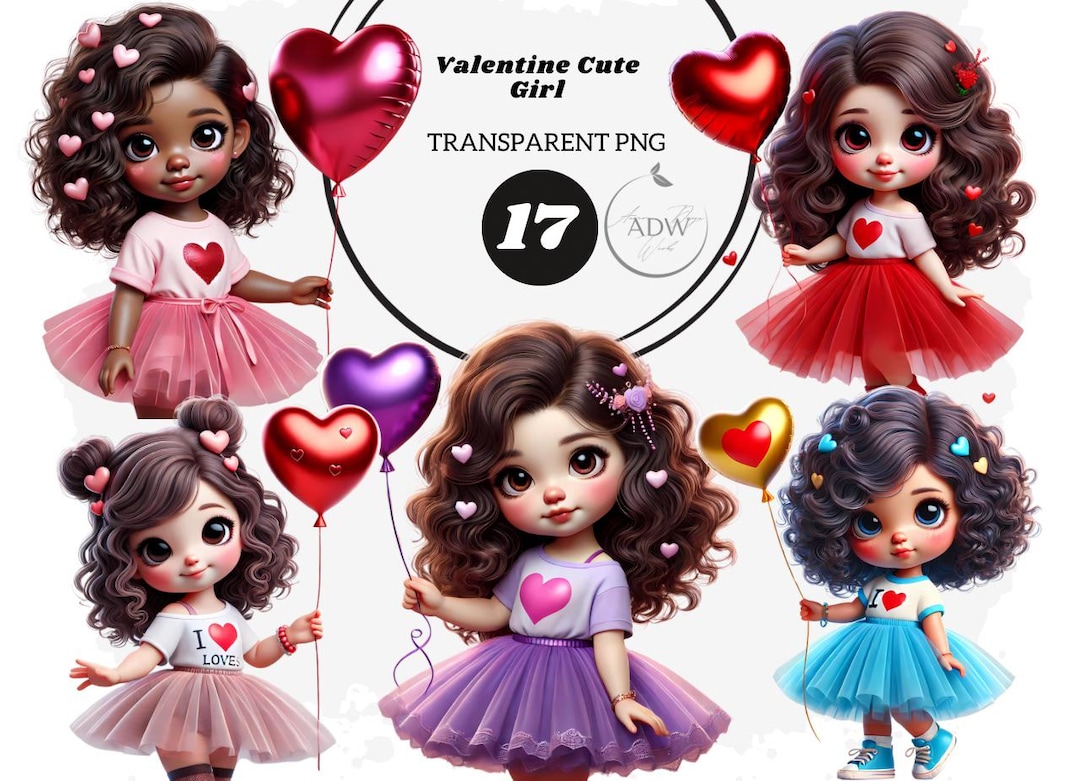 Valentine's Day Girl Clipart: Balloons PNG, Romantic Love (digital ...
