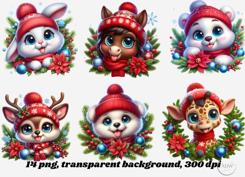 Christmas Animals Clipart | Holiday PNG Graphics (digital Download) - Etsy