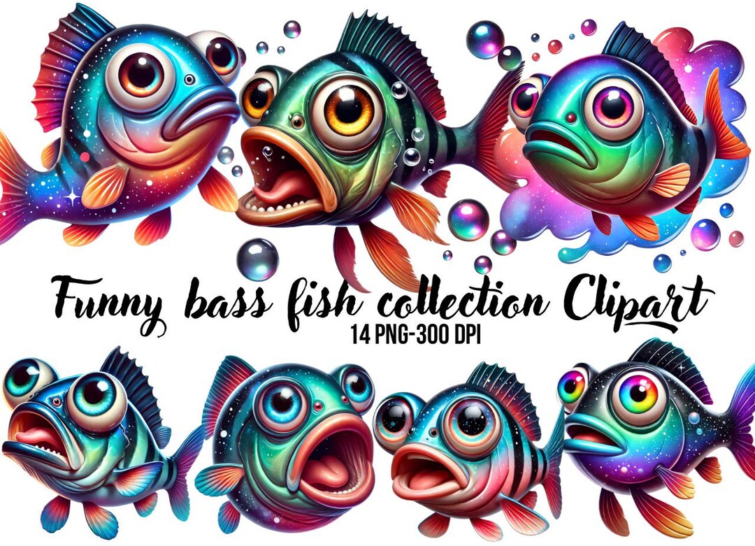 Watercolor Clipart of a Funny Bass From the Collection, 14 PNG, Fish ...