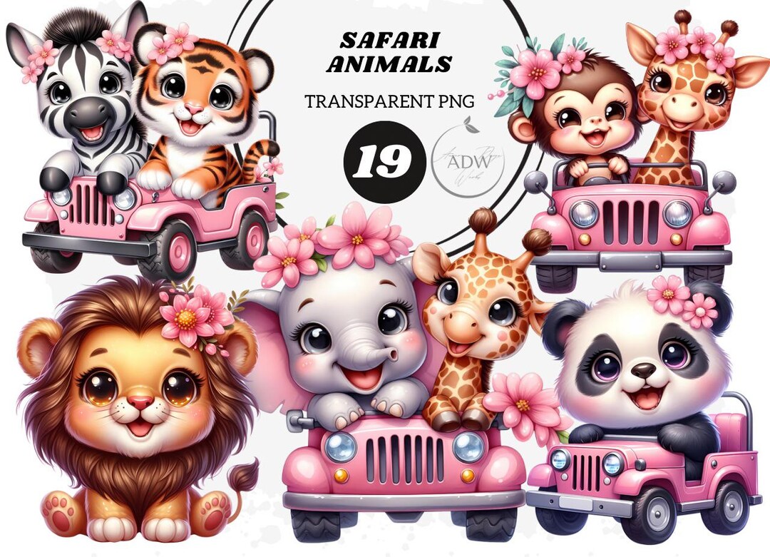 Safari Animal Clipart, Cute Animals ,cute Jungle Animals in Jeeps for ...