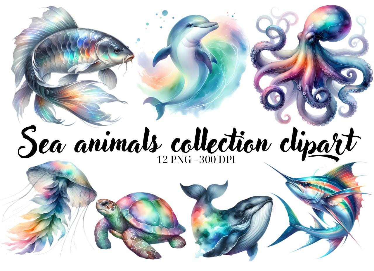 Watercolor Little Sea Animals Collection Clipart, 12 PNG Mermaid ...