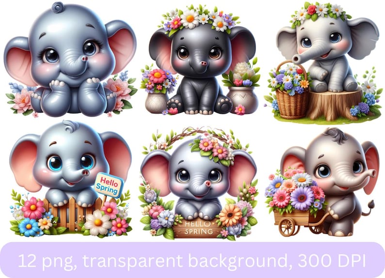 Cute Spring Elephants Clipart, Spring Elephant Clipart, Cute Elephant ...