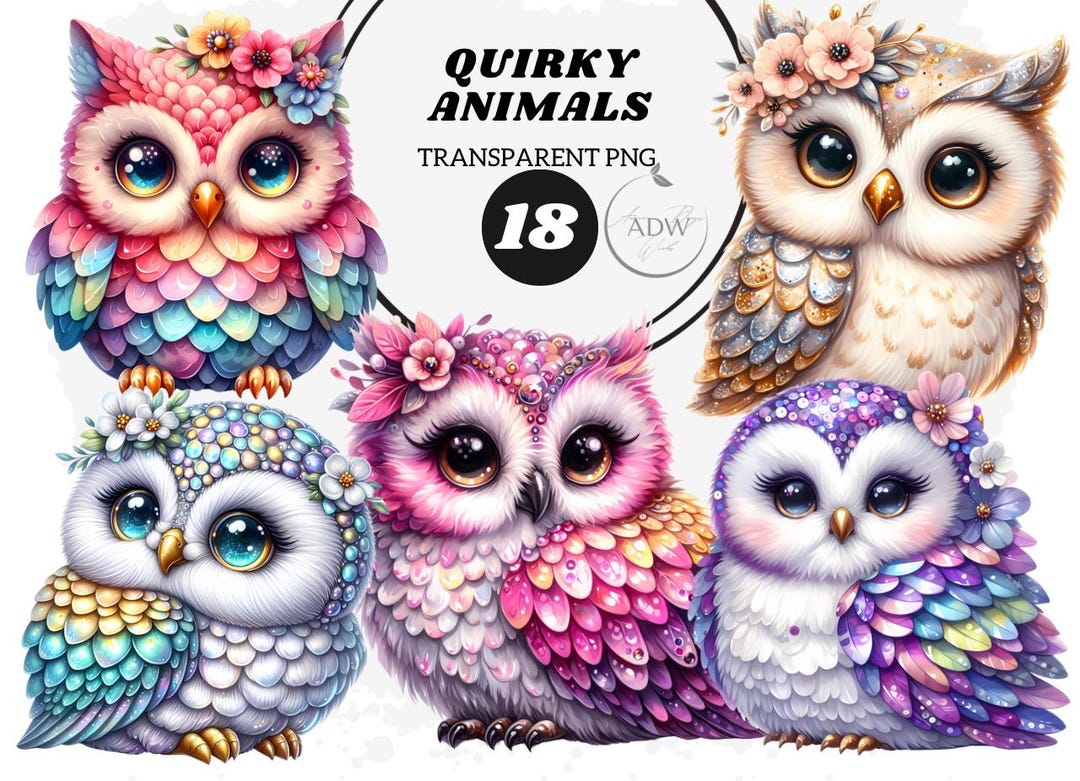 Sparkling Owl Clipart Bundle: Colorful Owl PNG Artwork (digital ...