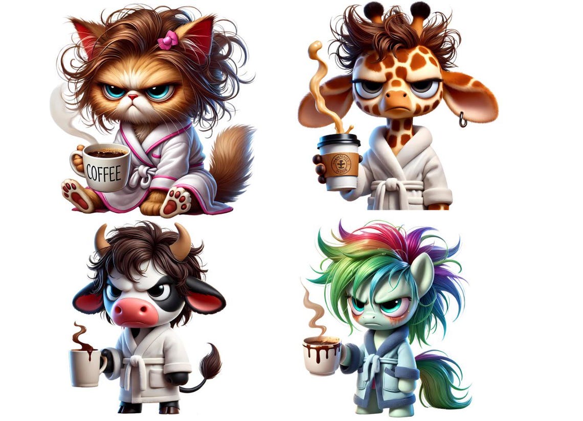 Grumpy Coffee Animals Clipart Set, Cartoon PNG Files (digital Download ...