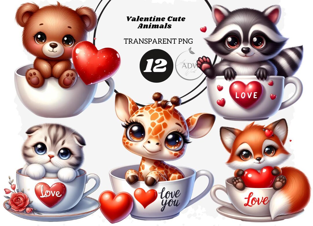 Valentines Animals in Cup Clipart: Romantic PNG Bundle (commercial Use ...
