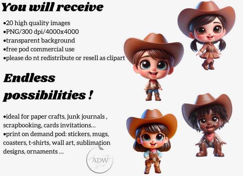 Cowboy Kids Clipart Set: Wild West PNG Illustrations (digital Download ...