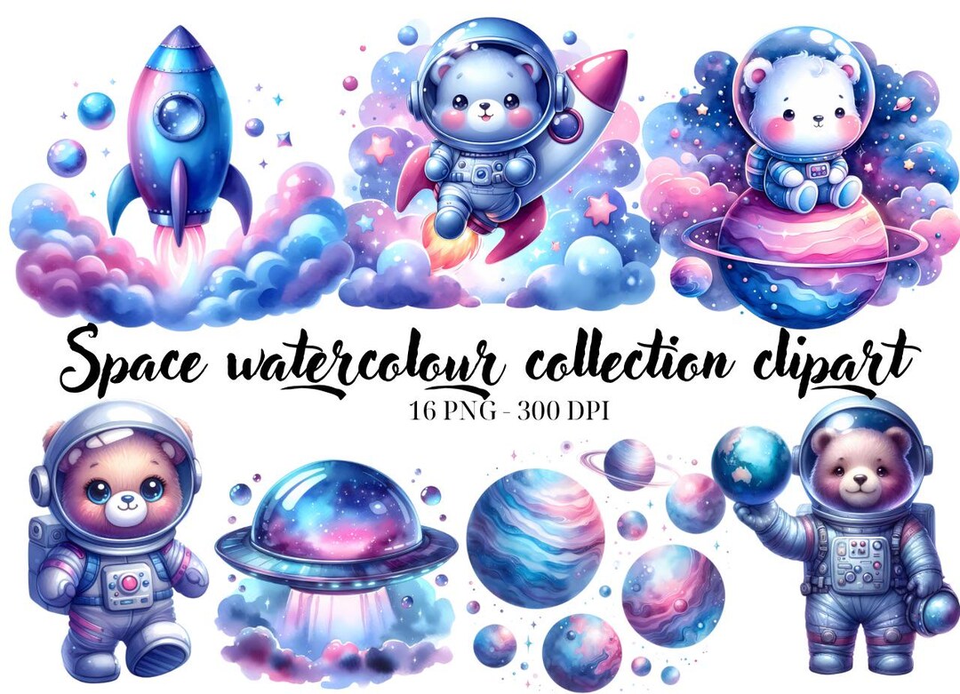 Watercolor Space Clipart, Astronaut, Planets, Rockets (PNG, Digital ...