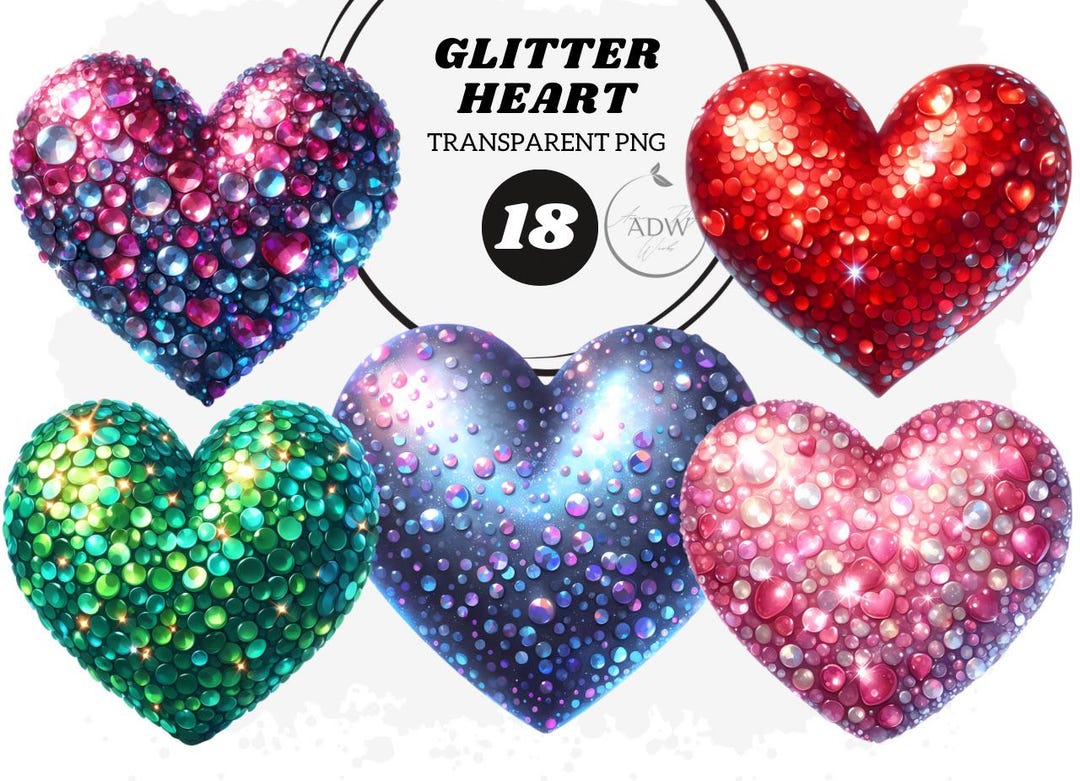 Glitter Hearts Clipart Set - Clip Art Set of Rainbow Hearts, Glitter ...