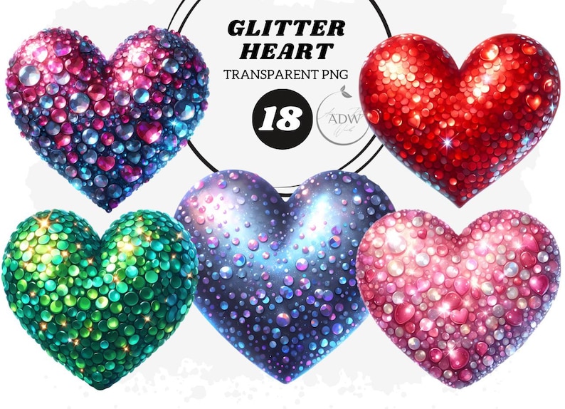 Glitter Hearts Clipart Set - Clip Art Set of Rainbow Hearts, Glitter ...