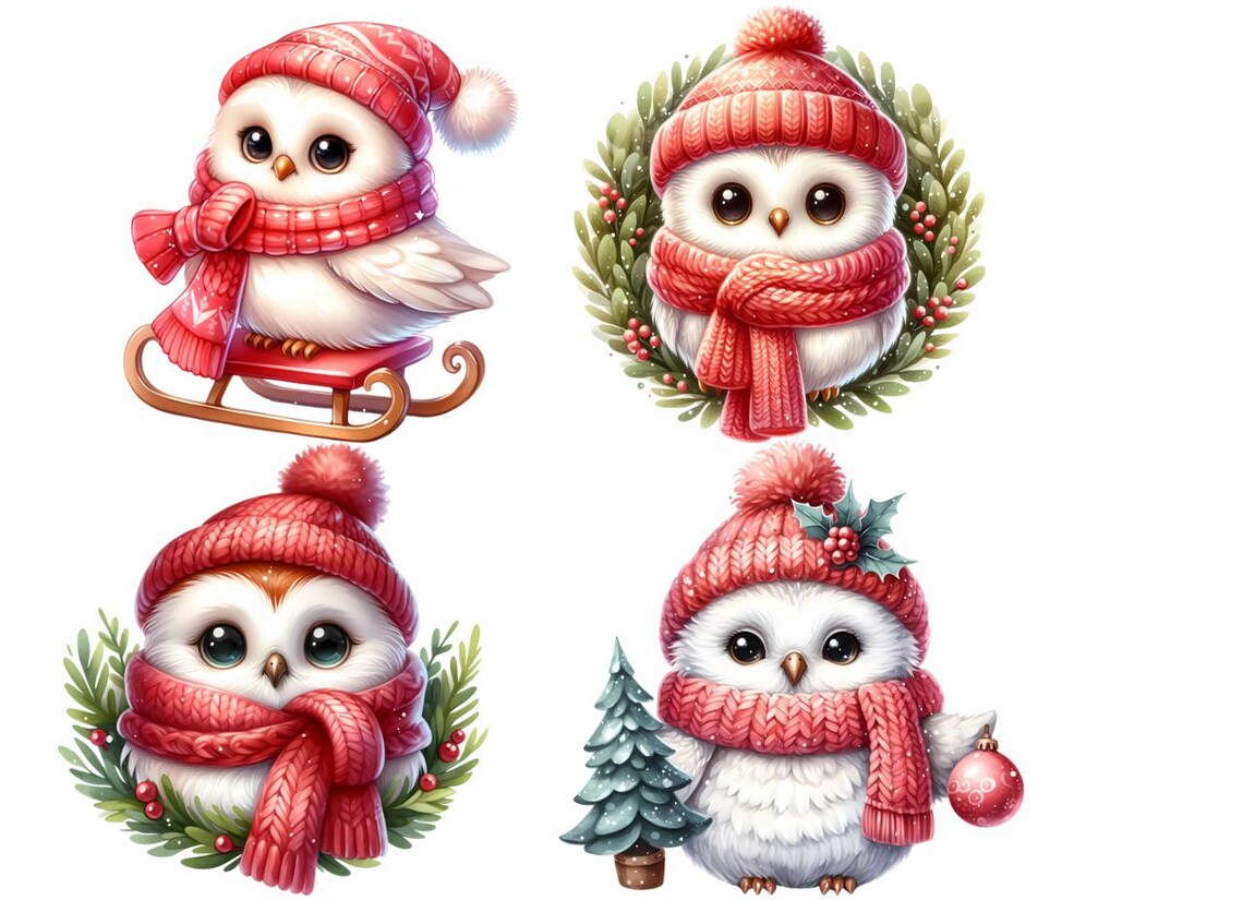 Christmas Owl Clipart Bundle: Watercolor Winter PNG Graphics (digital ...
