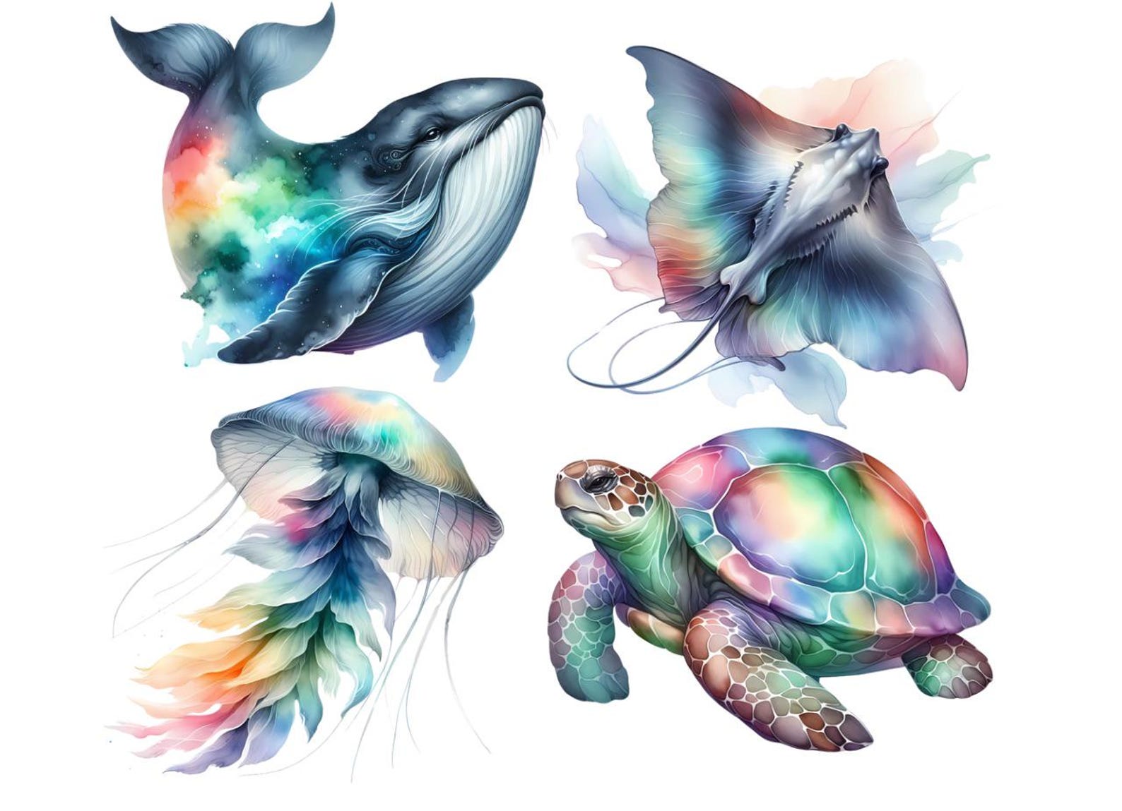 Watercolor Little Sea Animals Collection Clipart, 12 PNG Mermaid ...