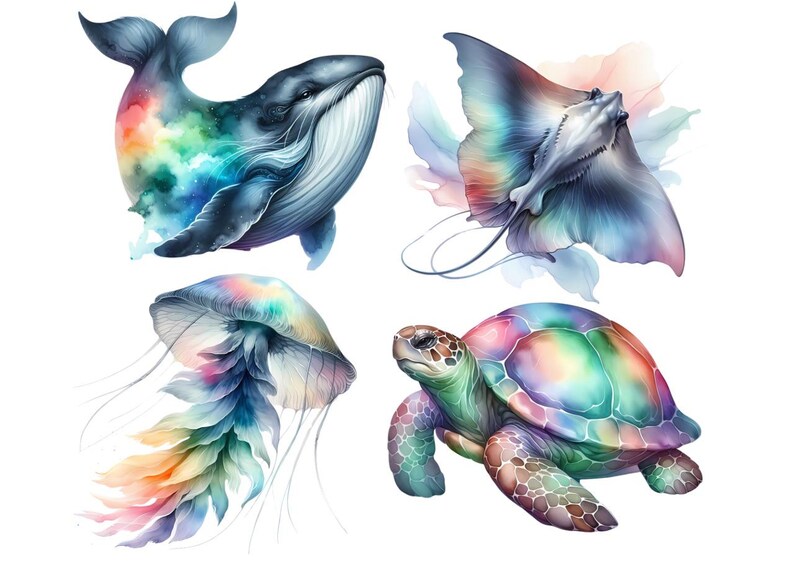 Watercolor Little Sea Animals Collection Clipart, 12 PNG Mermaid ...
