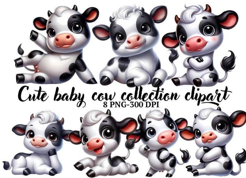 A Collection of Clipart With Cute Baby Cows ,cartoon Cows ,instant ...