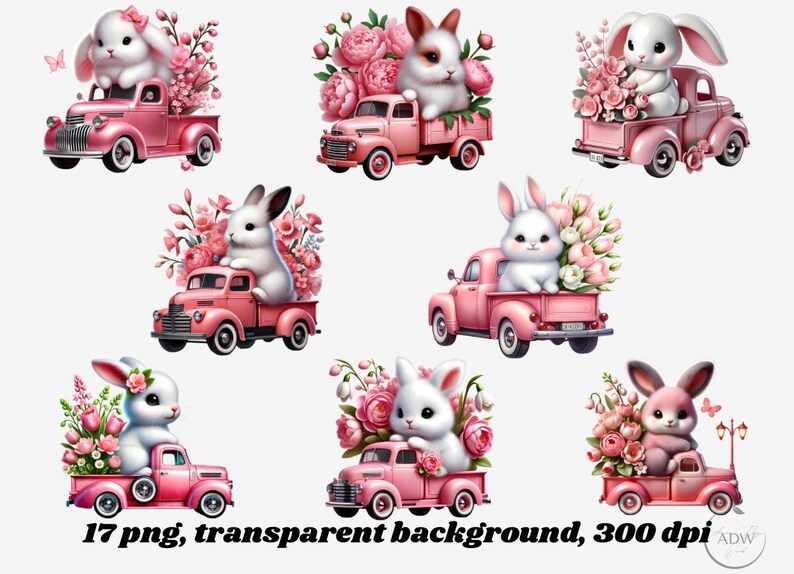 Bunny and Truck Clipart: 17 PNG Spring Easter Graphics (digital ...