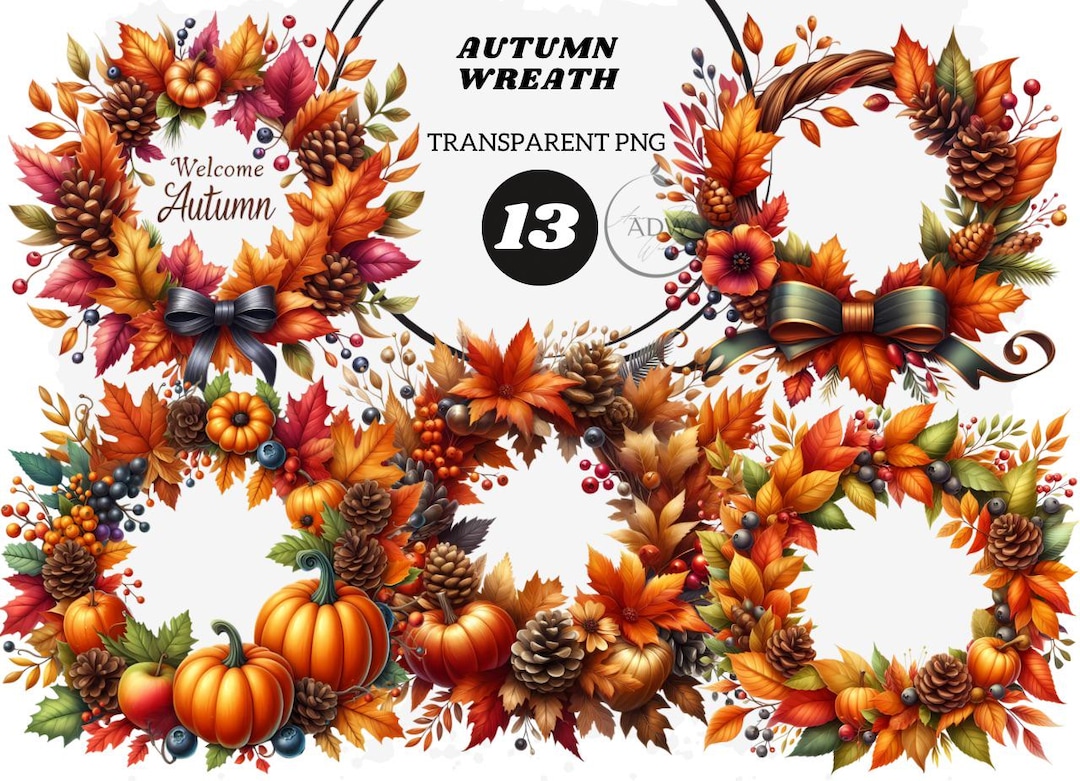 Autumn Wreath Clipart | Fall Wreath PNG | Watercolor Pumpkin Wreath ...
