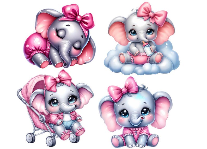 Baby Girl Elephants Clipart: Pink Bows, Sublimation PNG (digital Design ...