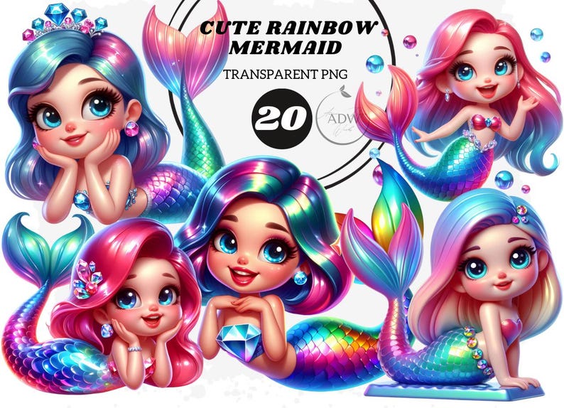 Rainbow Glitter Mermaid Clipart, PNG Graphics (20 Files) - Etsy