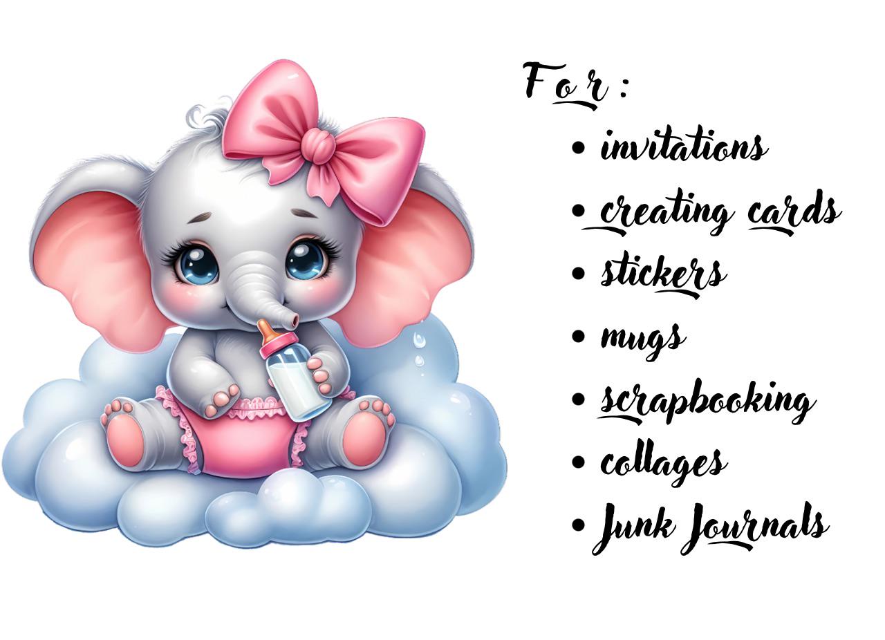 Baby Girl Elephants Clipart: Pink Bows, Sublimation PNG (digital Design ...