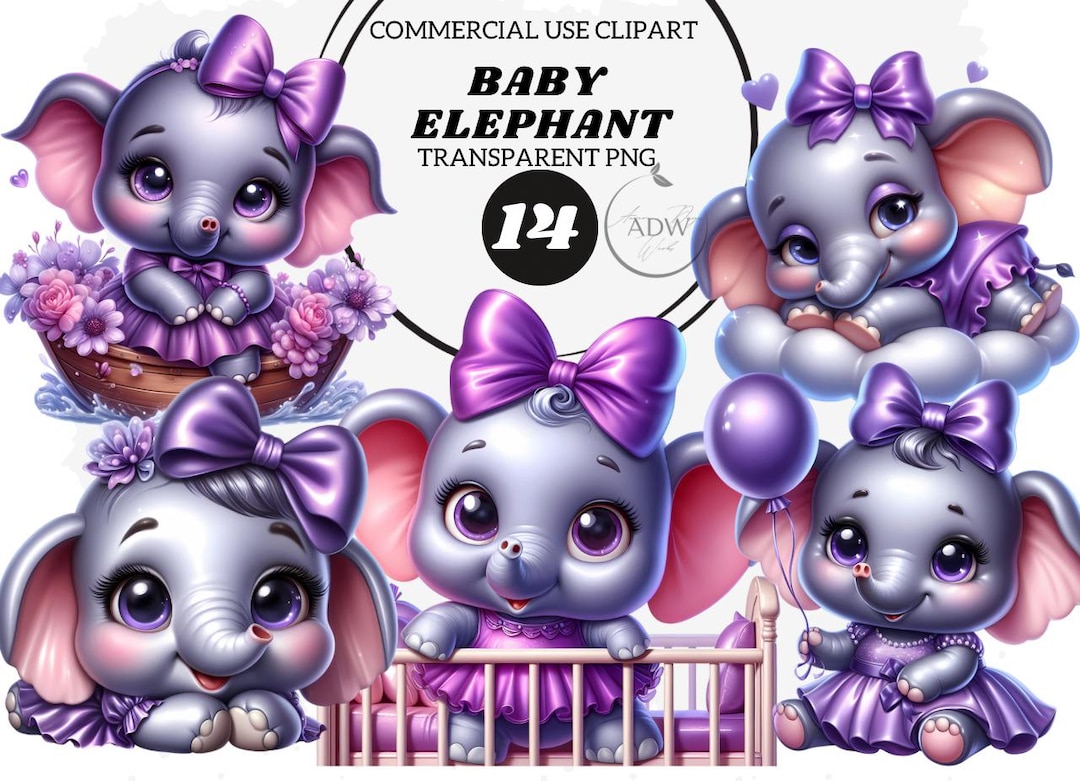 Baby Elephants Clipart, 14 PNG Adorable Elephant Graphics, Shower ...