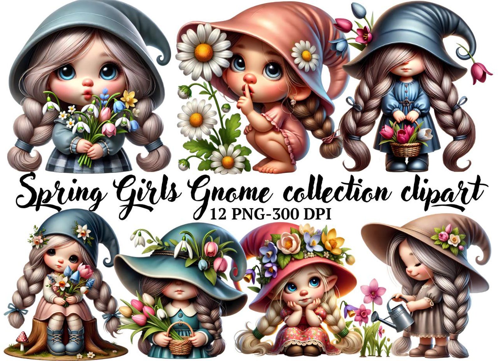 14 Spring Girls Gnome Collection Clipart, Gnome Clipart, Gnome Girl ...