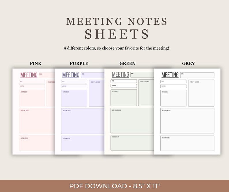 Printable Meeting Notes Template | Digital Meeting Planner | Agenda ...