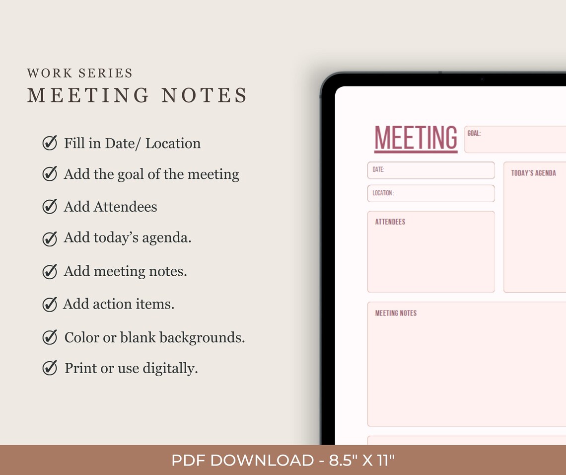 Printable Meeting Notes Template | Digital Meeting Planner | Agenda ...