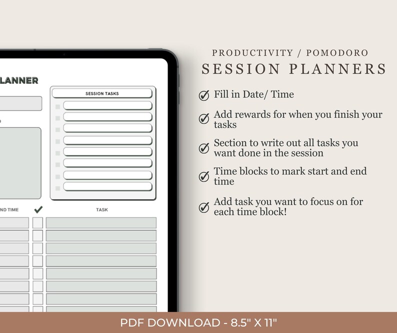Printable PDF or iPad Planner Template for Work & Pomodoro Sessions ...