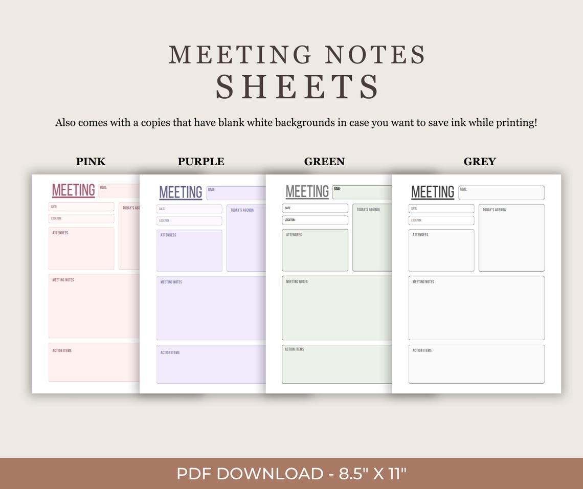 Printable Meeting Notes Template | Digital Meeting Planner | Agenda ...