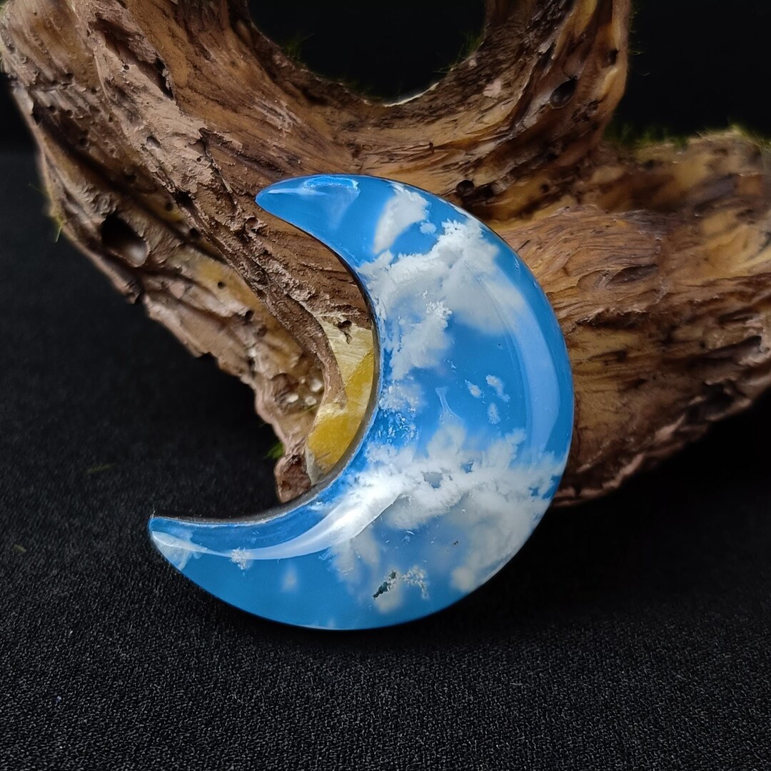Blue Mirage Crescent Moon – Rare Plume Agate Doublet With Cloudy ...