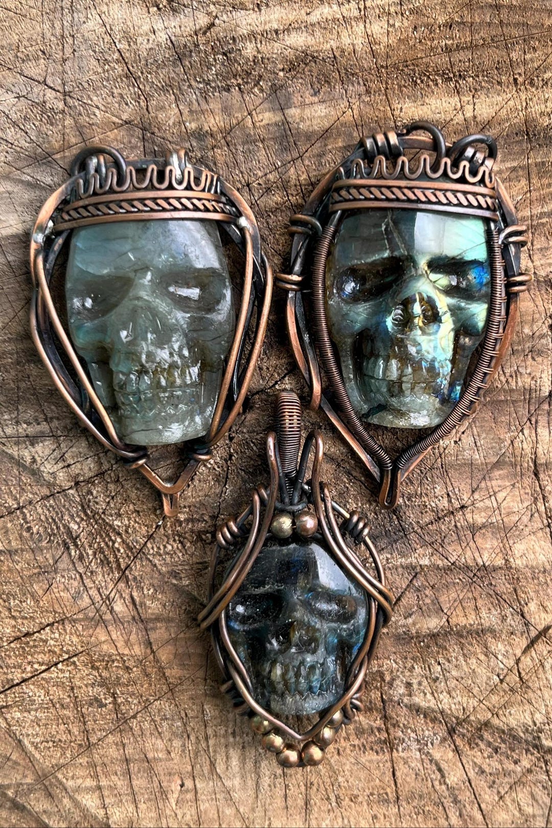 Wire Wrapped Skull Pendant in Labradorite, Copper Gothic Necklace, One ...