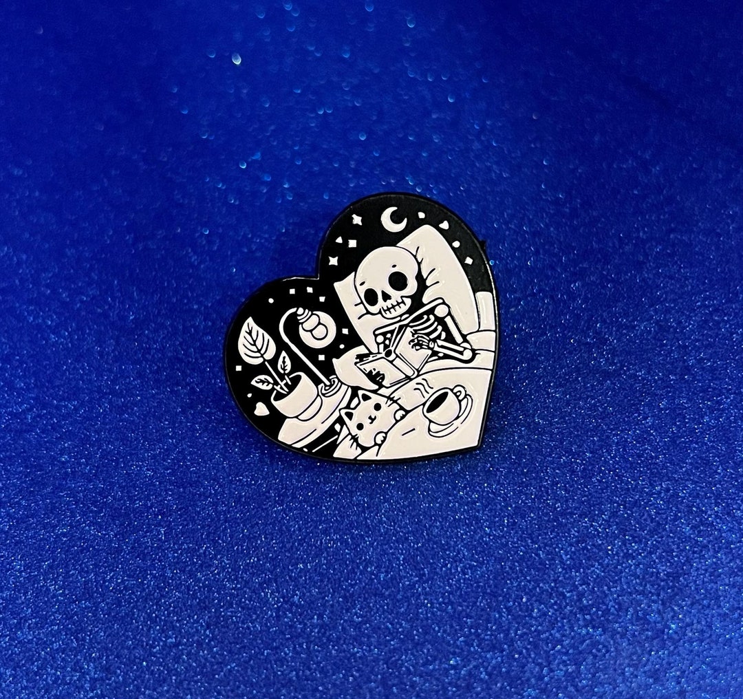 Reading Enamel Pin Cozy Skeleton Design for Gothic Book Lovers, Cute ...