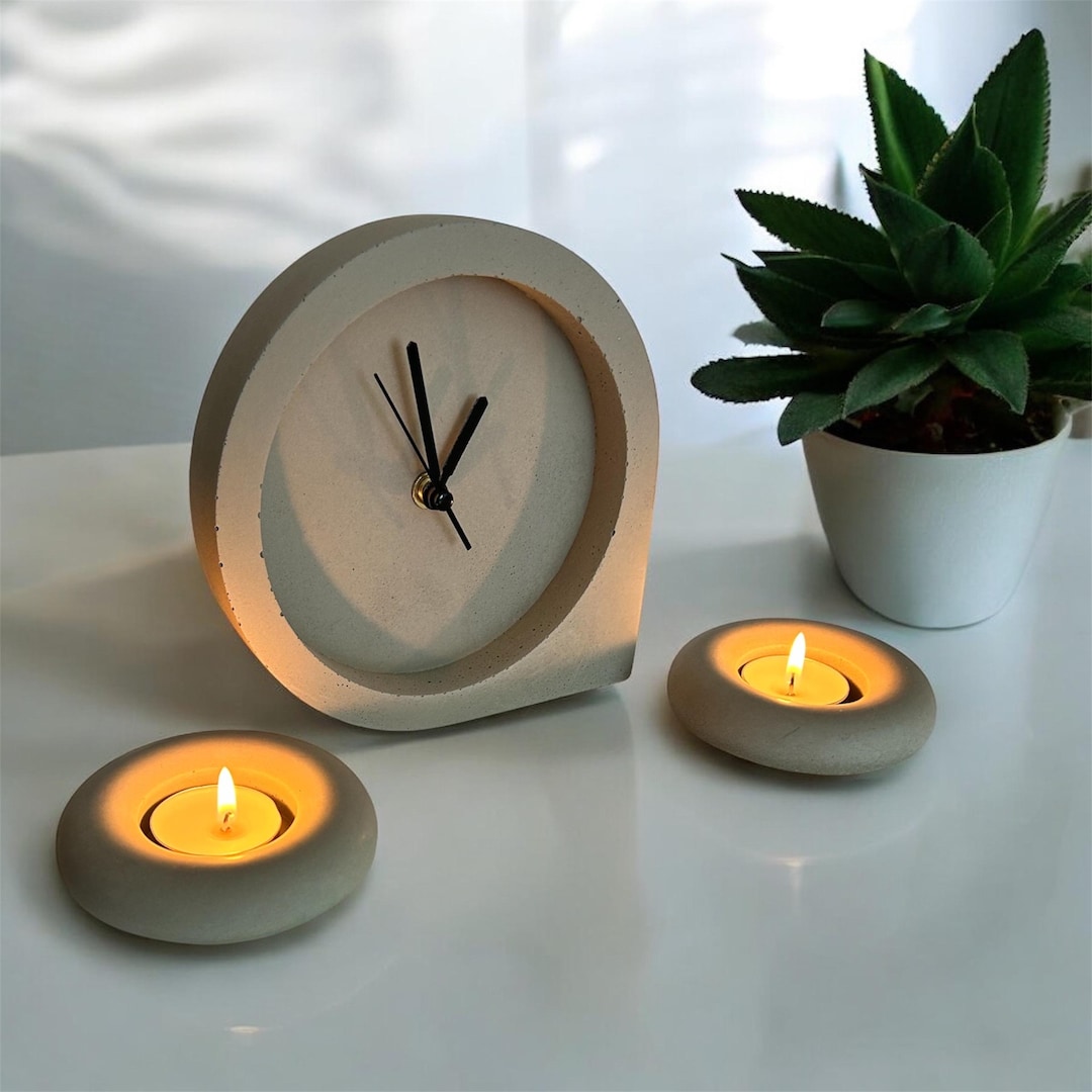 Concrete Desk Clock Set, (1 Clock and 2 Candle Holders), Candle Holder ...