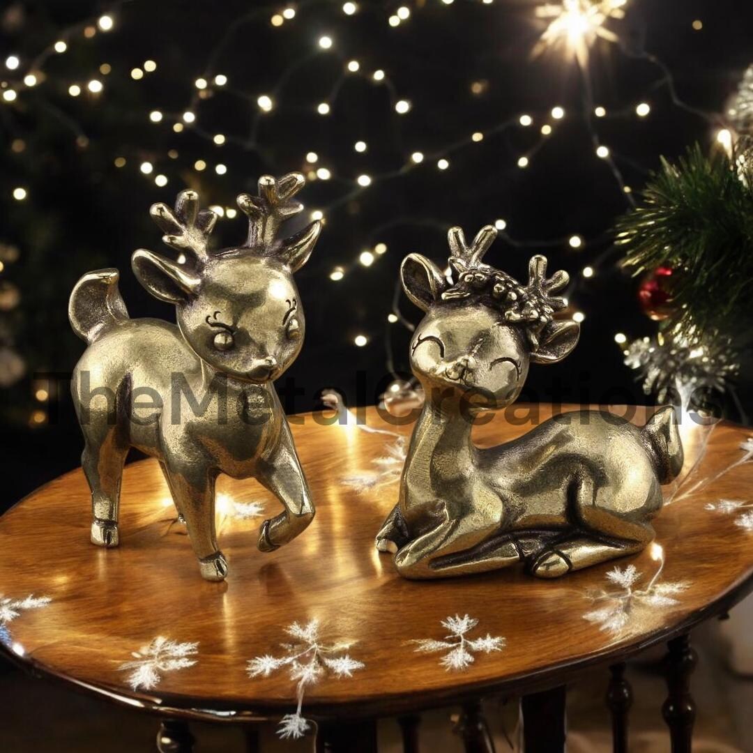 Solid Brass Reindeer Couple Statuettes - Christmas Fawn Figurines ...